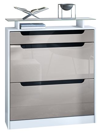 Vladon Schuhschrank Fiesta, Wei&szlig; matt/Sandgrau Hochglanz/Schwarz Hochglanz Schuhkipper f&uuml;r 16 Paar Schuhe mit 2 Klappen (89 x 104 x 23 cm)