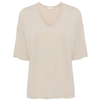 Le Tricot Perugia Beiger V-Ausschnitt T-Shirt mit &uuml;berschnittenen Schultern - - Tops - Damen - Beige - 3XL