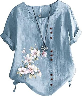 ORANDESIGNE Blouse en Coton et Lin Femme Manches Courte T-Shirts Hauts à Fleurs Libellule Grand Taille Tops Col Rond Chemisiers Lin Tunique Casual Shirts Chemise 