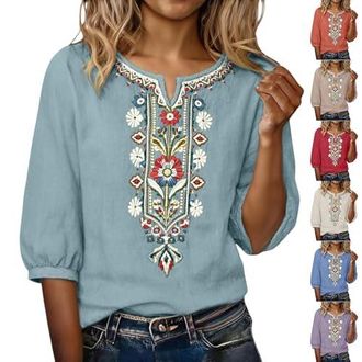 Generic Haut boh&egrave;me pour femme - Tunique en coton et lin brod&eacute; - Printemps &eacute;t&eacute; - Manches 3/4 - Vintage - Ample - &Eacute;l&eacute;gant - L&eacute;ger - Boh&egrave;me - Floral - Plage - V
