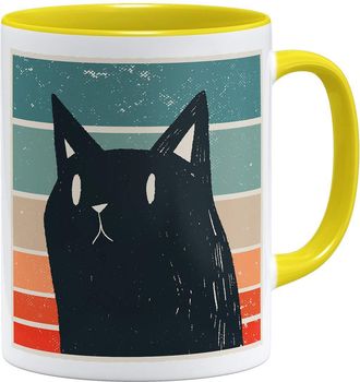 OM3 Retro Style Black Cat Katzen Kaffee-Tasse mit Katzenmotiv - Keramik Becher - 11oz 325ml - Beidseitig Bedruckt - Gelb