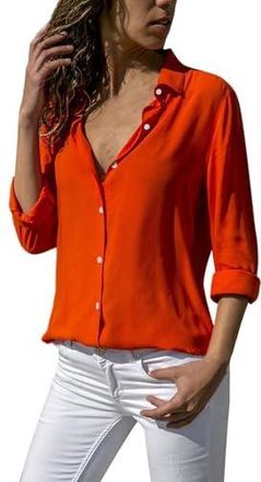 Generic Vente Flash du Jour HUIFUAO Chemises Blanches à col en V pour Femmes, Chemises dété de Couleur Unie, Hauts à Manches Longues, Chemisier Basique Noir é