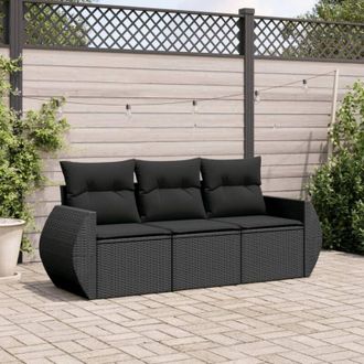 vidaXL 3-tlg. Garten-Sofagarnitur mit Kissen Schwarz Poly Rattan - Vidaxl