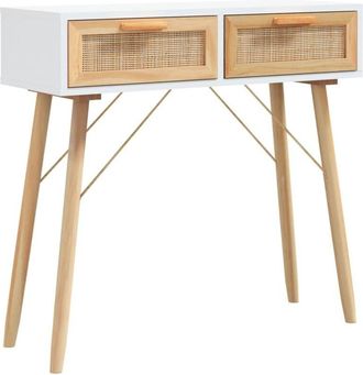 vidaXL Konsolentisch Wei&szlig; 80x30x75 cm Massivholz Kiefer Natur-Rattan - Vidaxl