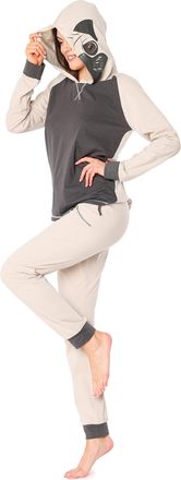 Ladeheid Damen Schlafanzug Zweiteiler Langarm Tierkost&uuml;m bunt Tiermotiv Verkleidung mit Kapuze LA40-238 (Beige Mops, M)