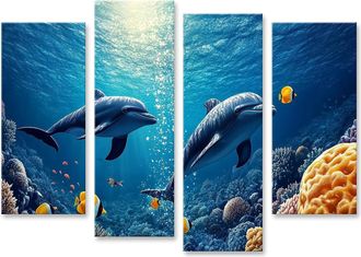Islandburner Leinwandbild Zwei Delfine und bunte Fische im Ozean Schwimmen und Korallen - Leinwand 130x80cm - 4 Teile