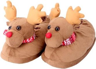 Holibanna Pantoufles en Peluche Chaudes pour Femme Motif Renne de No&euml;l Taille Unique Couleur Marron Semelle Antid&eacute;rapante Plate Confort DInt&eacute;rieur pour LHiver M