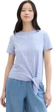 Tom Tailor Damen Basic T-Shirt mit Knotendetail, mid blue minimal print, XXL