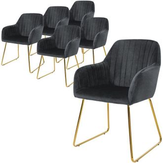 ML Design Esszimmerst&uuml;hle 6er Set, Sitzfl&auml;che aus Samt, Grau, Wohnzimmerstuhl mit R&uuml;cken- und Armlehnen, K&uuml;chenstuhl Gold Beine, Polsterstuhl mit