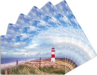 Wallario 6er Set Fr&uuml;hst&uuml;cksbrettchen aus Glas, Glasunterlage, Glasbrettchen Leuchtturm am Strand von Sylt, Gr&ouml;&szlig;e 14 x 23 cm, Sicherheitsglas