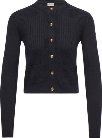 Moncler Moncler Cardigan En Laine M&eacute;lang&eacute;e &Agrave; Logo En Cuir, Femme, Bleu, Taille: Xl