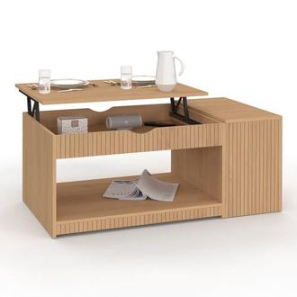 IDMarket Table Basse Plateau relevable rectangulaire Juliette avec Coffre Lattes tasseau Bois Coloris ch&ecirc;ne
