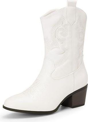 Dream Pairs Bottes Femme Western Mi-Mollet Cowgirl Bout Rond Confortables à Talon Cubain Boots Cowboy Mode Polyvalentes pour Festival Soirée Quotidien,Size 39,Bla