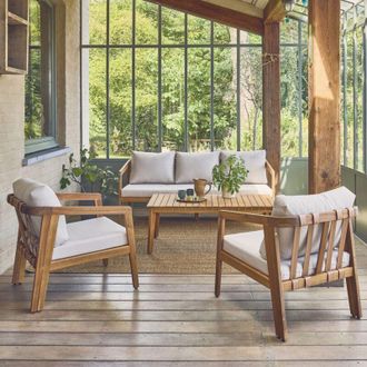 Sweeek Salon de jardin beige 5 places bois dacacia LOBERIA avec lani&egrave;res effet cuir