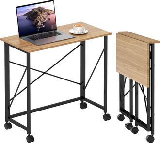 HOMCOM Schreibtisch 80 cm Klappbar Computertisch mit Rollen Kleiner Platzsparend Klappschreibtisch für Home Office, Eiche