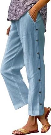Generic Pantalon d&eacute;t&eacute; 3/4 en mousseline pour femme - Pantalon d&eacute;t&eacute; l&eacute;ger en lin - Avec poches - D&eacute;contract&eacute; - Pantalon en tissu &eacute;lastique et confortable - Pou