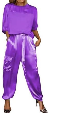 Generic Ensemble de pantalons en satin, ensemble haut &agrave; manches mi-longues et pantalon en satin lisse, ensemble 2 pi&egrave;ces pour femme, ensemble confortable et d