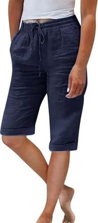 Generic Short en lin pour femme, longueur genou, enroulable, décontracté, yoga, plage, coupe décontractée, extensible avec cordon de serrage, bermuda long pou