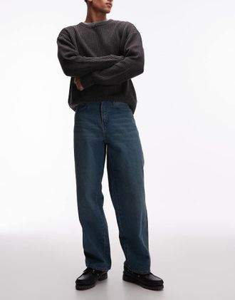 Dickies Jean baggy fusel&eacute; style workwear - Bleu teint&eacute; kaki-Vert