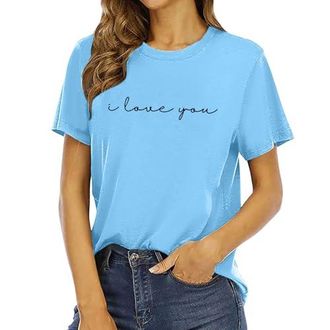 Generic T-shirt d&eacute;contract&eacute; &agrave; manches courtes pour femme Motif Saint-Valentin 2026, bleu clair, 3XL