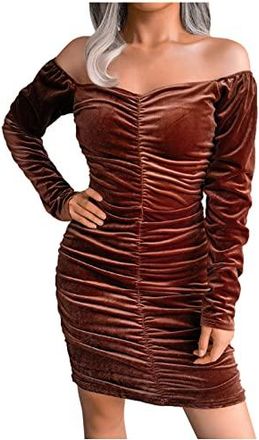 Generic 2026 Robes amincissantes pour femmes, sweatershirts &agrave; manches longues, l&eacute;ger, col carr&eacute;, &eacute;paules d&eacute;nud&eacute;es, robe fronc&eacute;e de couleur unie, marron, S