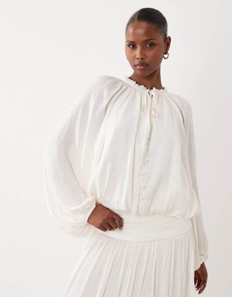 Gina Tricot Gina Tricot - Lang&auml;rmlige, gesmokte Bluse in Wollwei&szlig;