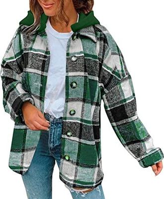 Generic Vestes pour femmes 2026 &agrave; manches longues boutonn&eacute;es &agrave; carreaux en flanelle veste &agrave; capuche manteaux &agrave; capuche, Vert, XXL