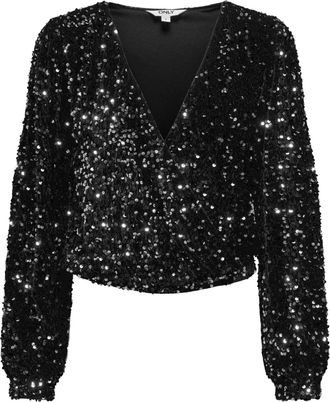 Only Damen Onlanika Sequin Ls Fake Wrap Top WVN Cs, Black, Medium