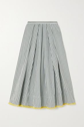 Rosie Assoulin Jupe Midi En Popeline De Coton &Agrave; Rayures, Plis Et Finitions En Dentelle - Vert