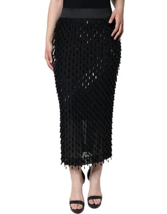 Dolce & Gabbana Womens Black Embellished Pencil Cut Midi Skirt Nylon Elastane