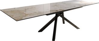 DELIFE Esszimmertisch Edge Keramik Minas Melange Wei&szlig;-Beige 200-300x100 Kreuzgestell Rechteck Schwarz ausziehbar