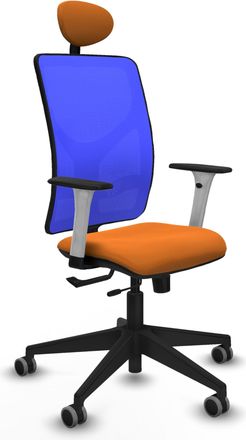 Piqueras y Crespo B&uuml;rostuhl mit wei&szlig;en und schwarzen Armlehnen, h&ouml;henverstellbare Lendenwirbelst&uuml;tze und festes Kopfteil, ausgestattet mit Syncro/Traslack. Blau/Orange