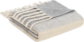 s.Oliver Kuscheldecke 150x200 cm - Polyesterflausch Decke mit Fransen, warm & waschbar, Fransendecke gestreift beige grau