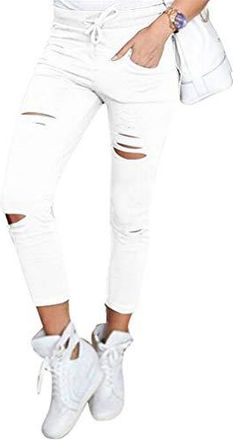 Onsoyours Femme Pantalons Minces Sexy Taille Haute Slim Collant Cordon Poche Skinny Jambières Crayon Casual Élastique Leggings A Blanc Small
