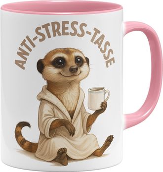 OM3 Erdm&auml;nnchen Anti-Stress Kaffee-Tasse - Lustige Meerkat Keramiktasse mit Tier-Motiv - Keramik Becher - 325ml - Beidseitig Bedruckt - Rosa