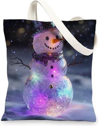 Generic Joli sac fourre-tout en toile motif bonshommes de neige de No&euml;l pour faire du shopping, 33 x 38,1 cm, sac d&eacute;picerie r&eacute;utilisable pour femme, peinture 