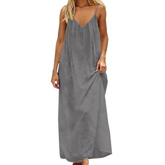 Generic Robe longue d&eacute;contract&eacute;e &agrave; bretelles spaghetti pour femme - Dos nu - Coupe ample et fluide avec poches - Couleur unie - Pour l&eacute;t&eacute;, la plage, les vacan