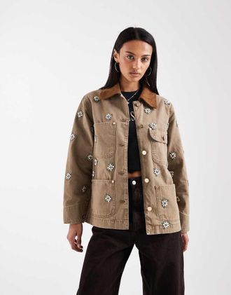 AllSaints Bex - Jeansjacke in Vintage-Braun mit Kragen aus Cord und Blumenstickerei-Brown