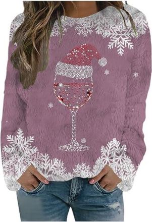 Generic Sweat-shirt de No&euml;l d&eacute;contract&eacute; &agrave; col rond et manches longues avec imprim&eacute; velours double face pour femme, rose, XXL