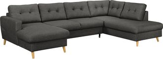 Mørteens home24 Wohnlandschaft Grau/Dunkelgrau/Schwarz Webstoff Luba 290 x 90 x 200cm Longchair davorstehend links / Ottomane rechts mit Schlaffunktion Skandi
