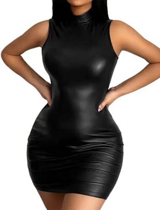 Minetom Femme Sexy sans Manches Mini Robe en Cuir Simili Fête Soirée Cocktail Bodycon Stretch Moulant Dress Clubwear A Noir XXL