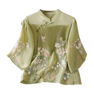 Generic Chemisiers en lin &agrave; manches longues, hauts en coton pour femme, chemises &eacute;l&eacute;gantes de style chinois, chemisiers brod&eacute;s floraux classiques polyvalents 