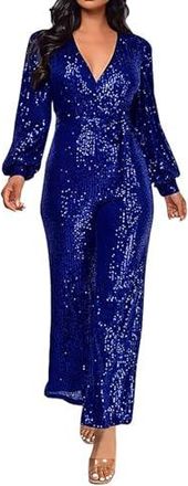 Generic Combinaison &agrave; paillettes &agrave; manches longues et col en V - Combinaisons pour femmes - Combinaison &eacute;l&eacute;gante pour femme - Pantalon long droit large avec p