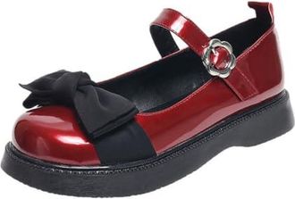 Generic Mary Janes Rétro Femme Bout Rond Dessus en Cuir Verni Noeud Décoratif Bride Cheville Basses Talons Boucle À Enfiler Chaussures Décontractées,Wine Red,