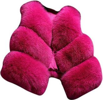 LaoZan Veste Gilet Courte en Fourrure de Renard Manteau sans Manches - Rose - Small