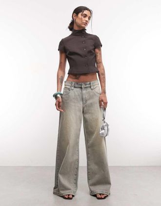Asos top ajust&eacute; &agrave; col chemin&eacute;e court marron-Vert