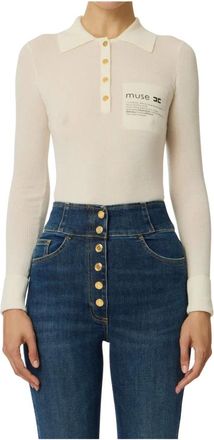 Elisabetta Franchi Femme, Tops, Blanc, Taille: 40 FR Polo Tricot avec D&eacute;tail de Lettrage