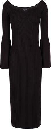 8 by YOOX VISCOSE BLEND OFF SHOULDER RIBBED KNIT MIDI DRESS