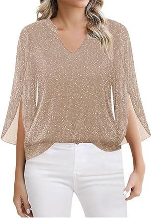 Generic Chemisier du Nouvel An pour femme - Haut festif &agrave; manches trompettes - Col en V - Tunique ample - Pour les loisirs, les f&ecirc;tes, les festivals, le Nouve