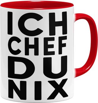 OM3 Ich Chef Du Nix Kaffee-Tasse mit Spruch - Lustige Statement Keramiktasse für Büro & Alltag - Keramik Becher - 325ml - Beidseitig Bedruckt - Rot